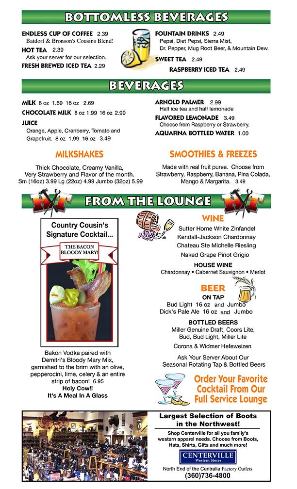 Menu at Country Cousin Restaurant, Centralia