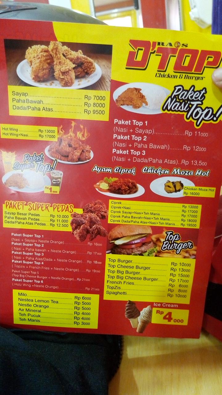 Carta del restaurante D'TOP Chicken & Burger, Bandung