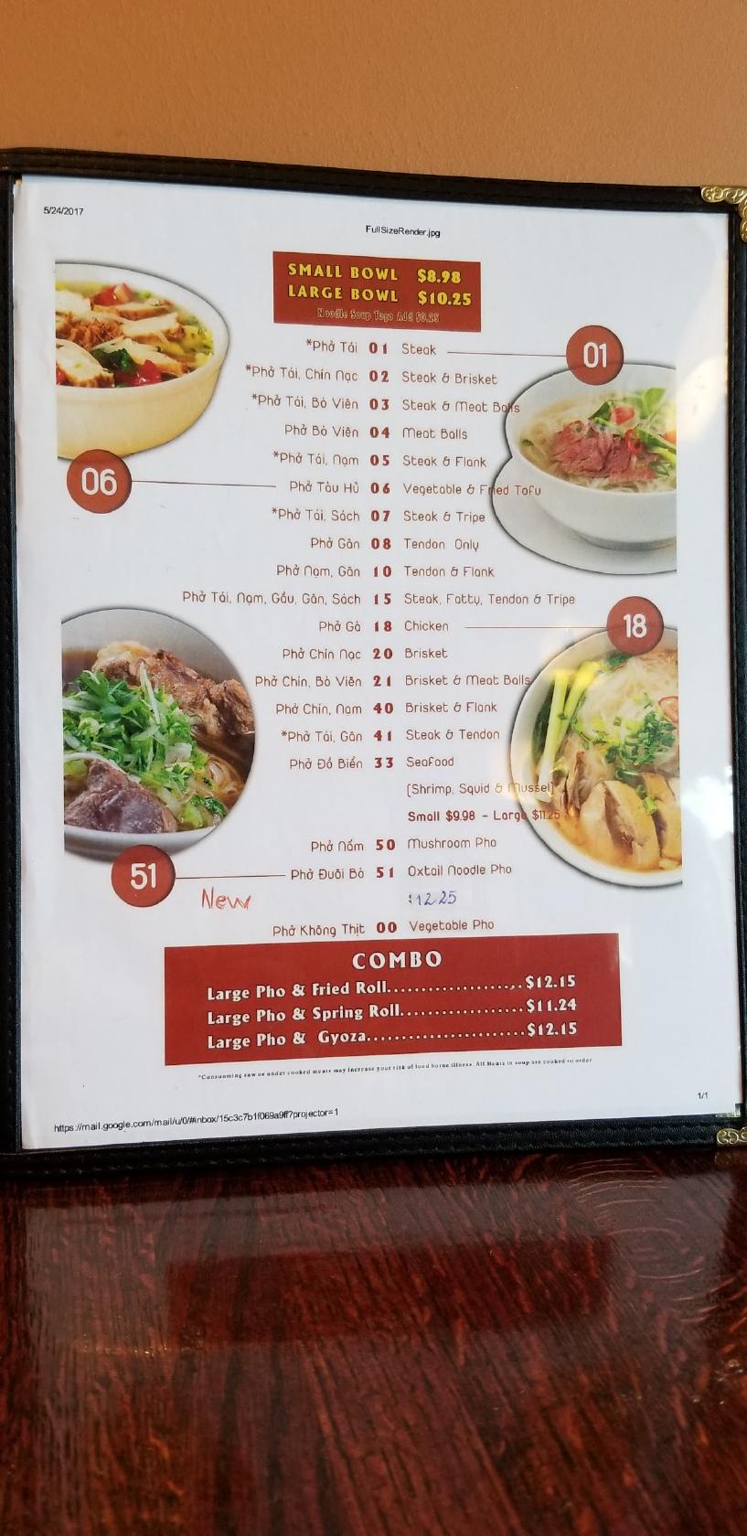 Menu at Hot Ginger Pho restaurant, Lacey