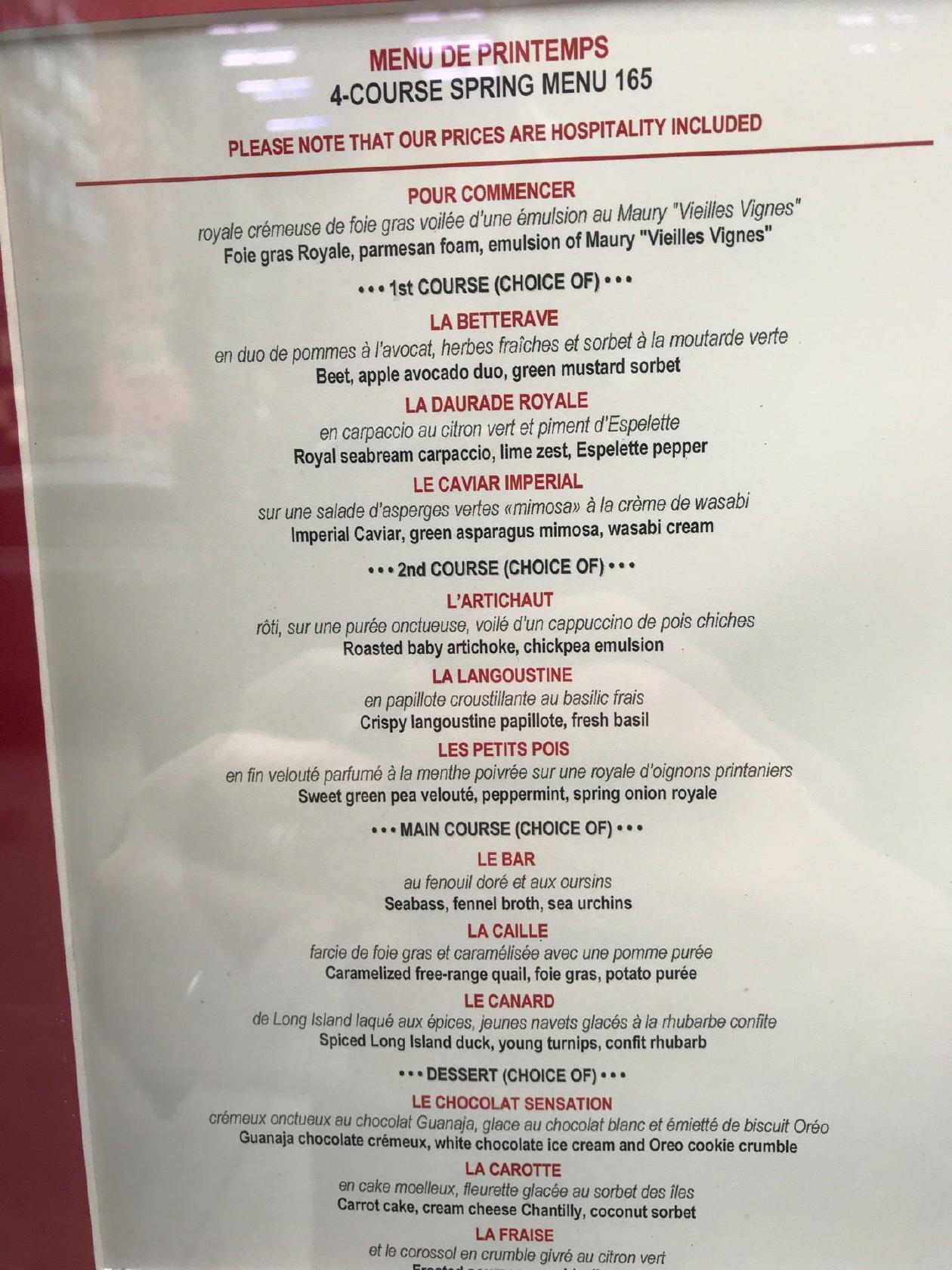 Menu at L'Atelier de Joël Robuchon restaurant, New York City, 85 10th Ave