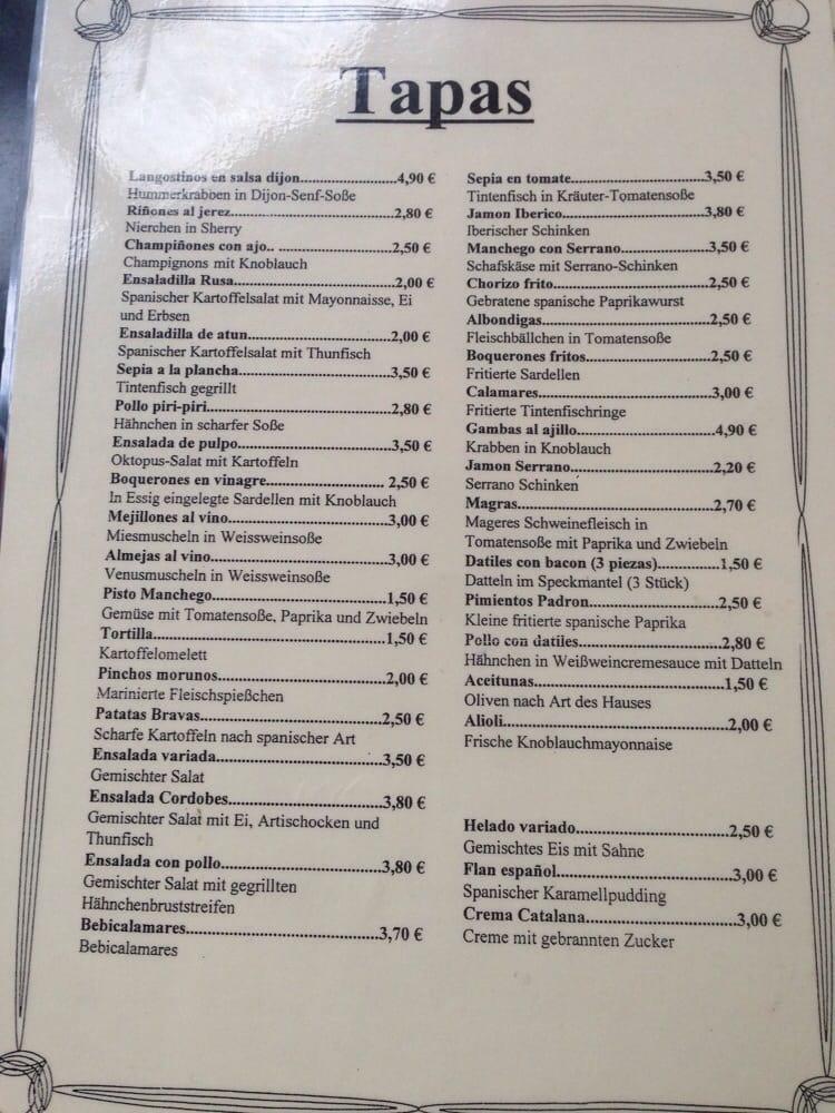 Menu at Meson El Cordobes restaurant, Cologne