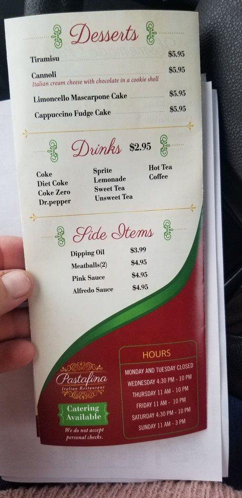 Menu at Pastafina desserts, Cave Springs, E Lowell Ave