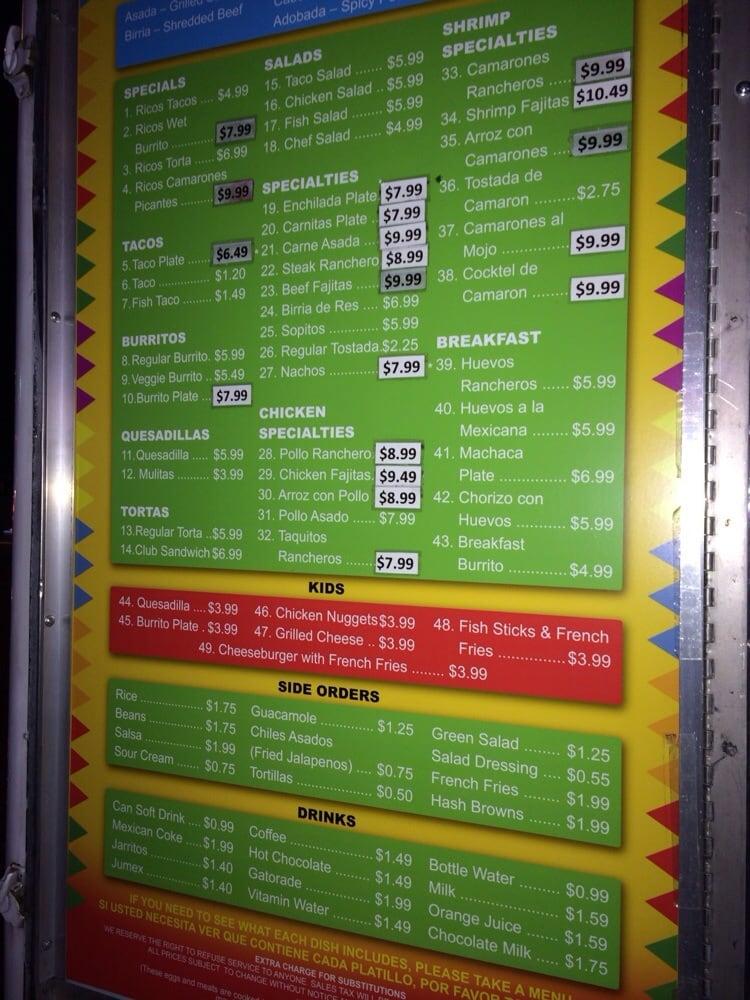 Menu at Ricos Tacos restaurant, Tacoma, Center St
