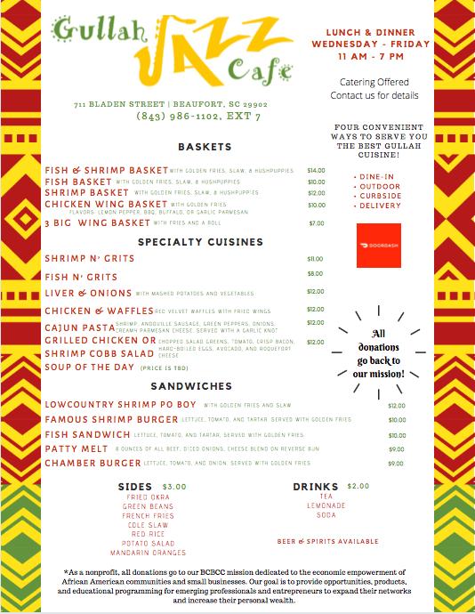 Menu at SANDIES at the Gullah Jazz Cafe, Beaufort