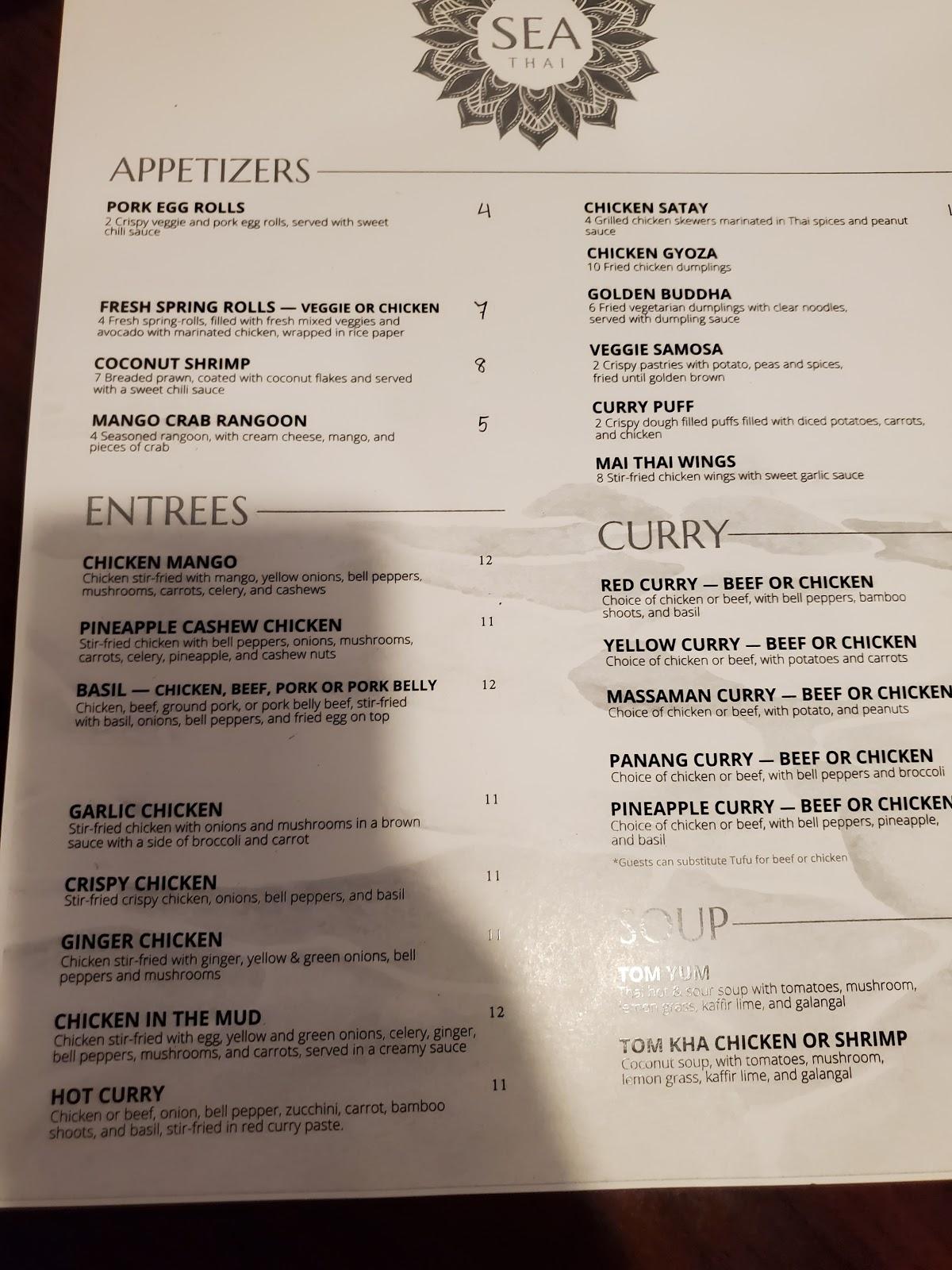 Menu at Sea Thai Omaha restaurant, Omaha