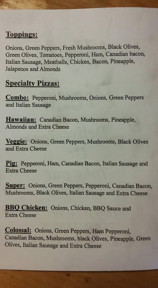 Menu at Ally's Pizza pizzeria, Sunset
