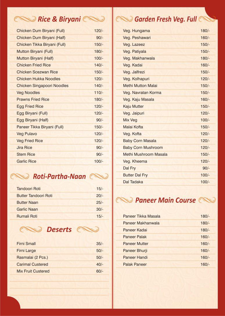 Menu at Arabian Tandoor, Nagpur