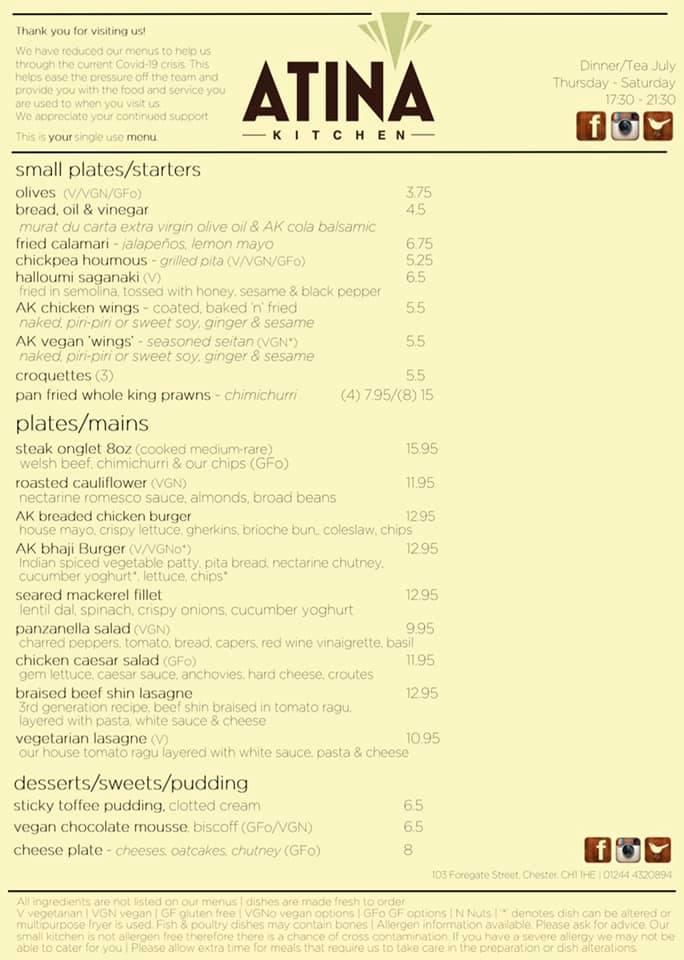 Menu at Atina Kitchen restaurant, Chester