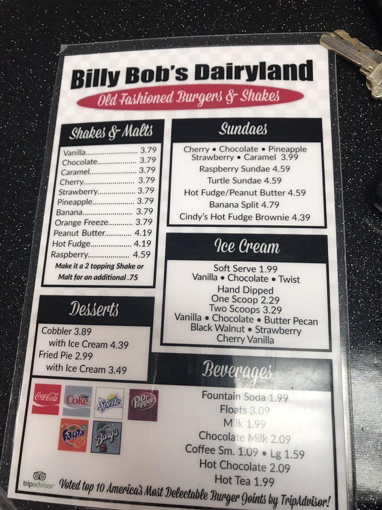 Menu at Billy Bob's Dairy Land restaurant, Branson, W 76 Country Blvd