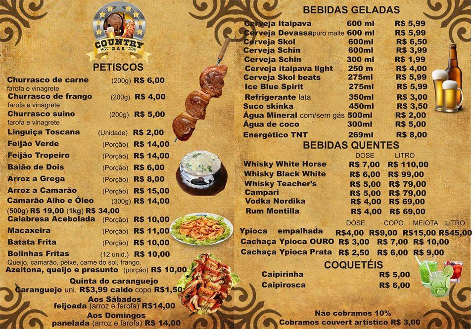 Menu at Country Bar, Fortaleza