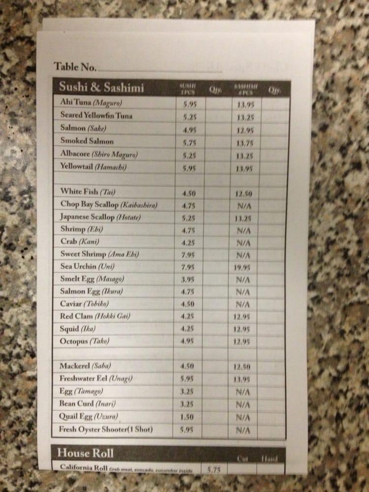 Menu at Densetsu restaurant, Plano