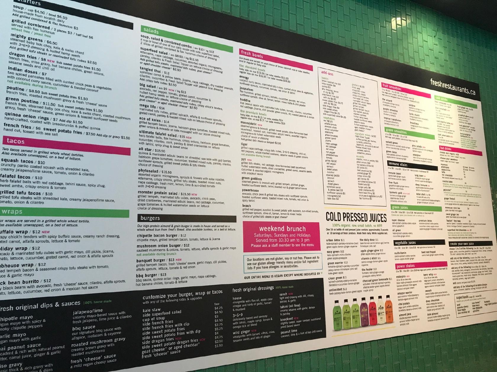 Menu at Fresh Kitchen + Juice Bar, Toronto, 386 Bloor St W