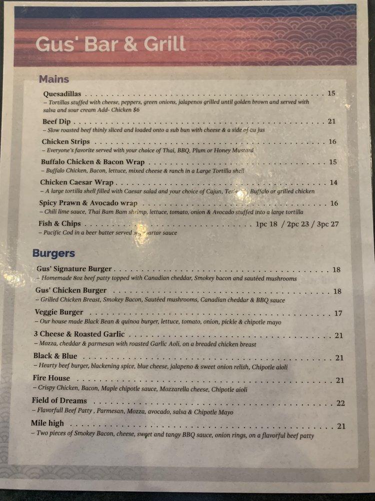 Menu at Gus's Pub, Port McNeill