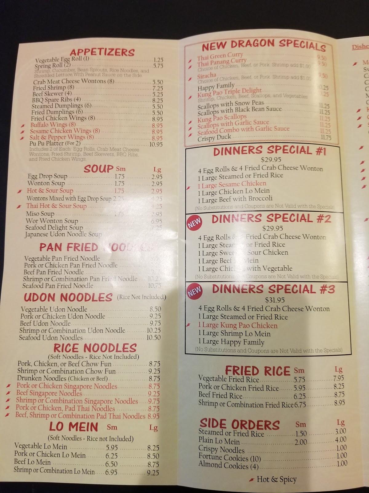 Menu at New Dragon restaurant, Denver