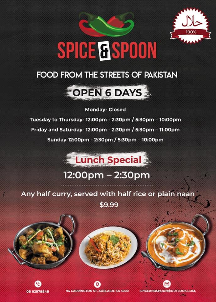 Menu at SPICE & SPOON restaurant, Adelaide, 94 Carrington St