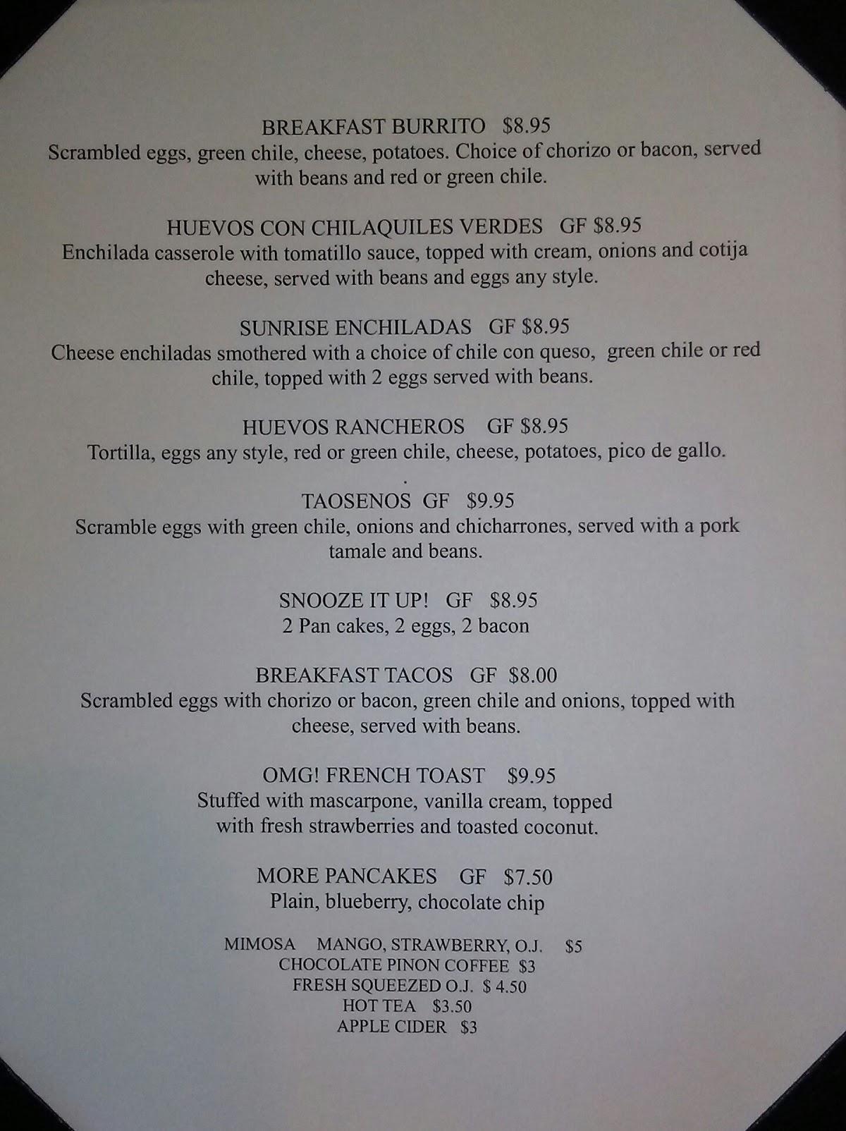 Menu at Antonio's The Taste of Mexico restaurant, Taos
