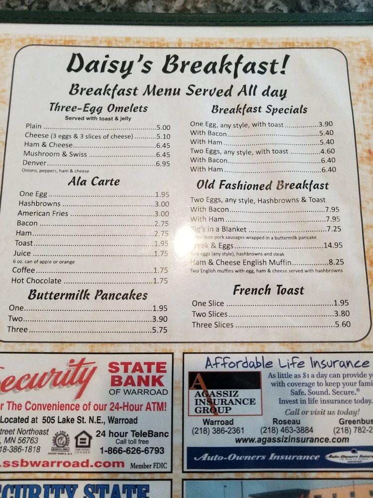 Menu at Daisy Gardens restaurant, Warroad, 115 Wabasha Ave NE
