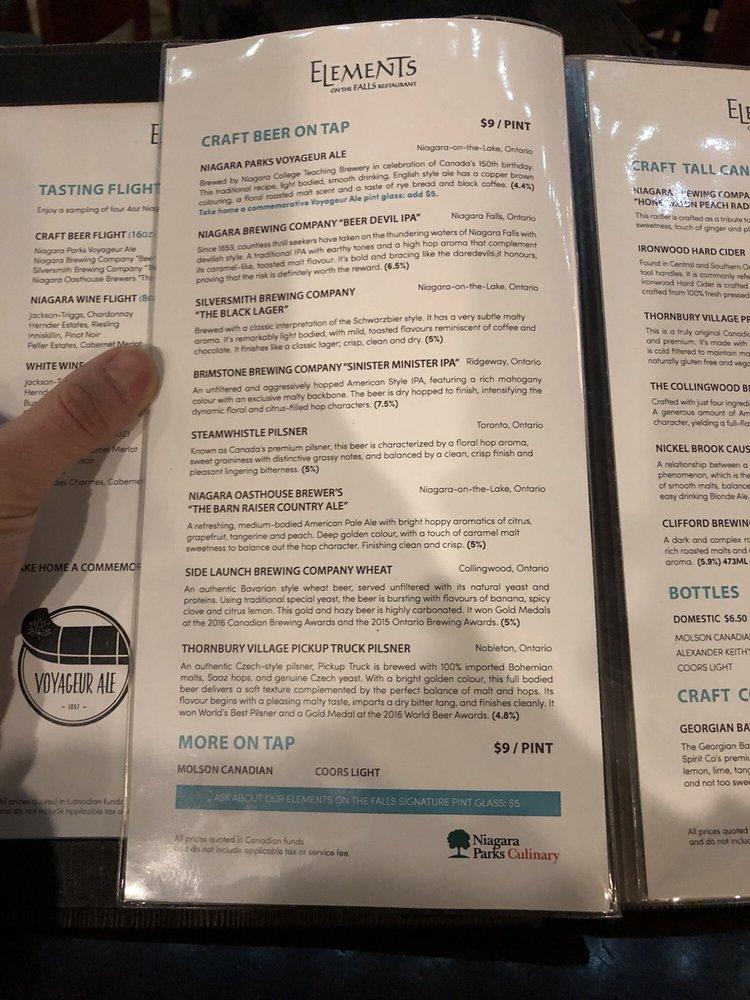 Menu at Elements on the Falls restaurant, Niagara Falls