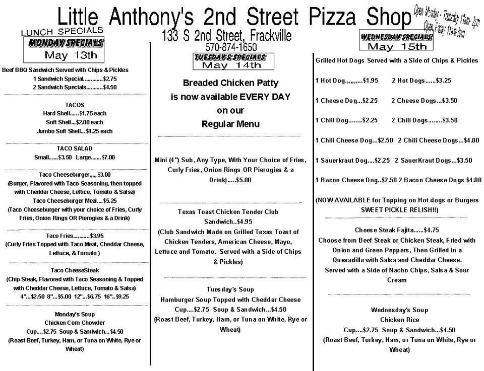 Menu at Little Anthony's pizzeria, Frackville