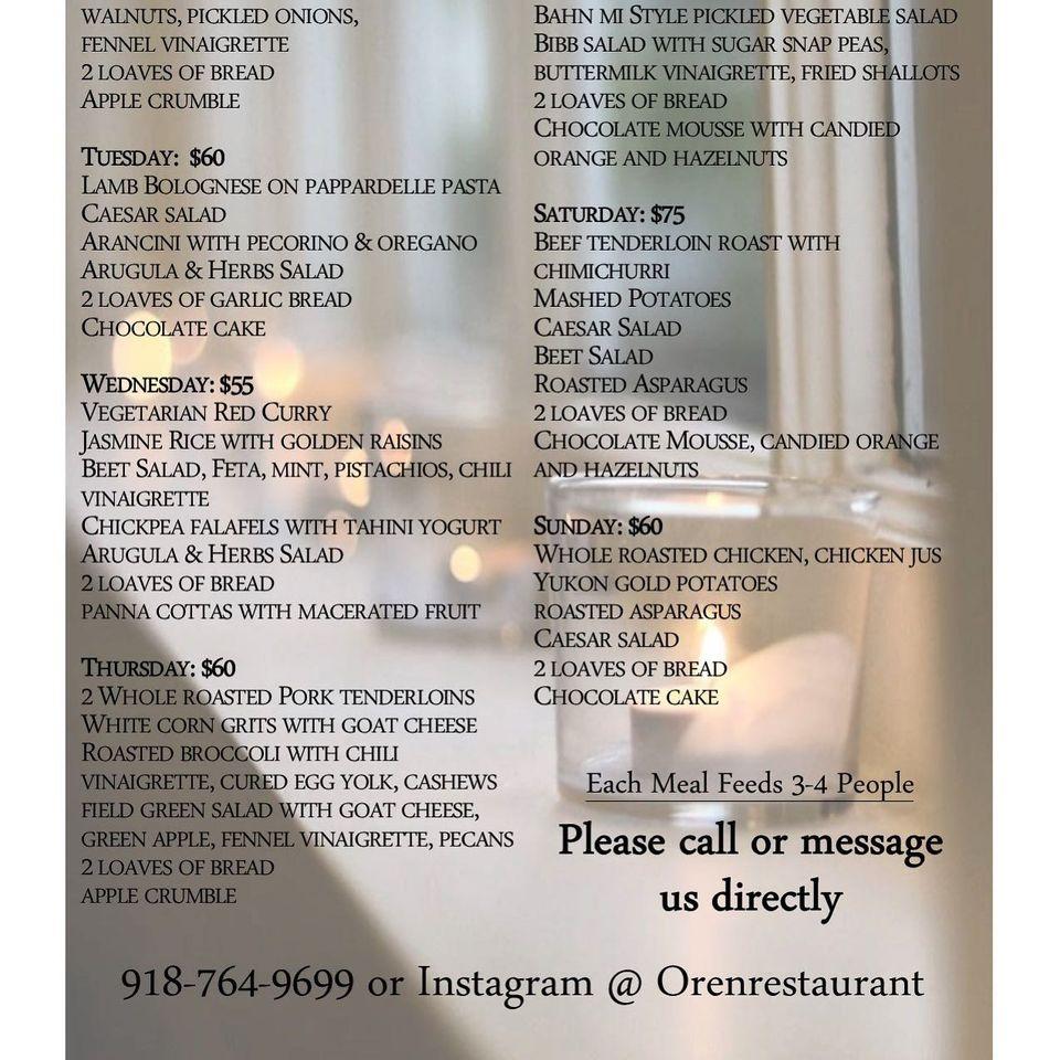 Menu at Oren Restaurant, Tulsa