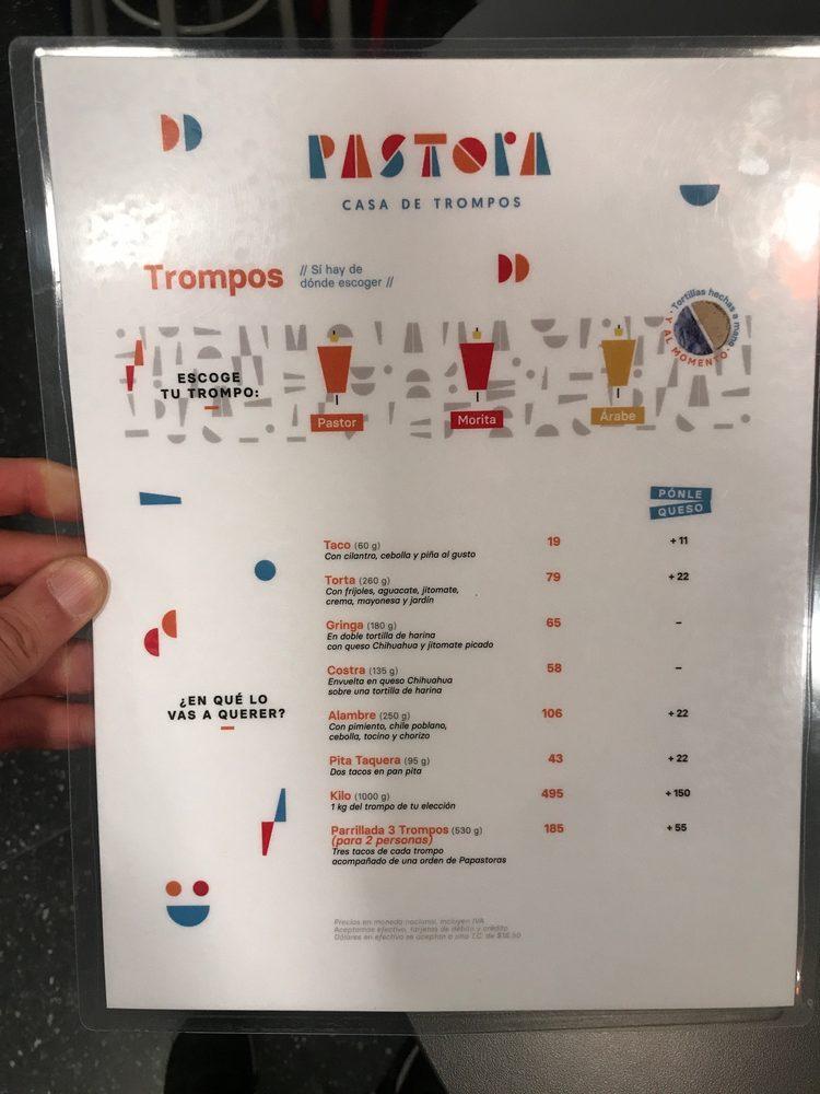 Menu at Pastora, Ciudad López Mateos