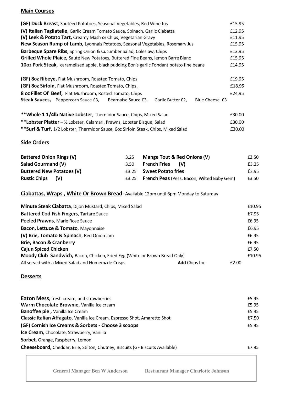 Menu at The Moody Mare pub & bar, Kings Hill