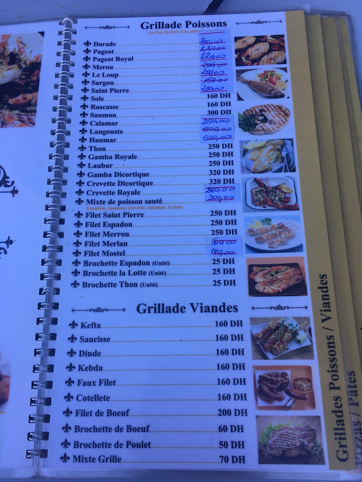 Menu at Al Bahriya restaurant, Marrakesh