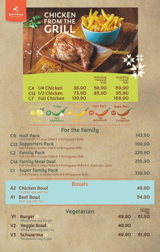 Menu at Barcelos Gateway, Durban