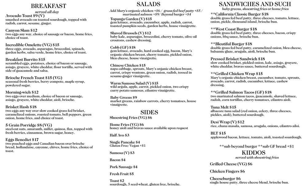 Menu at Cafe on 27, Topanga