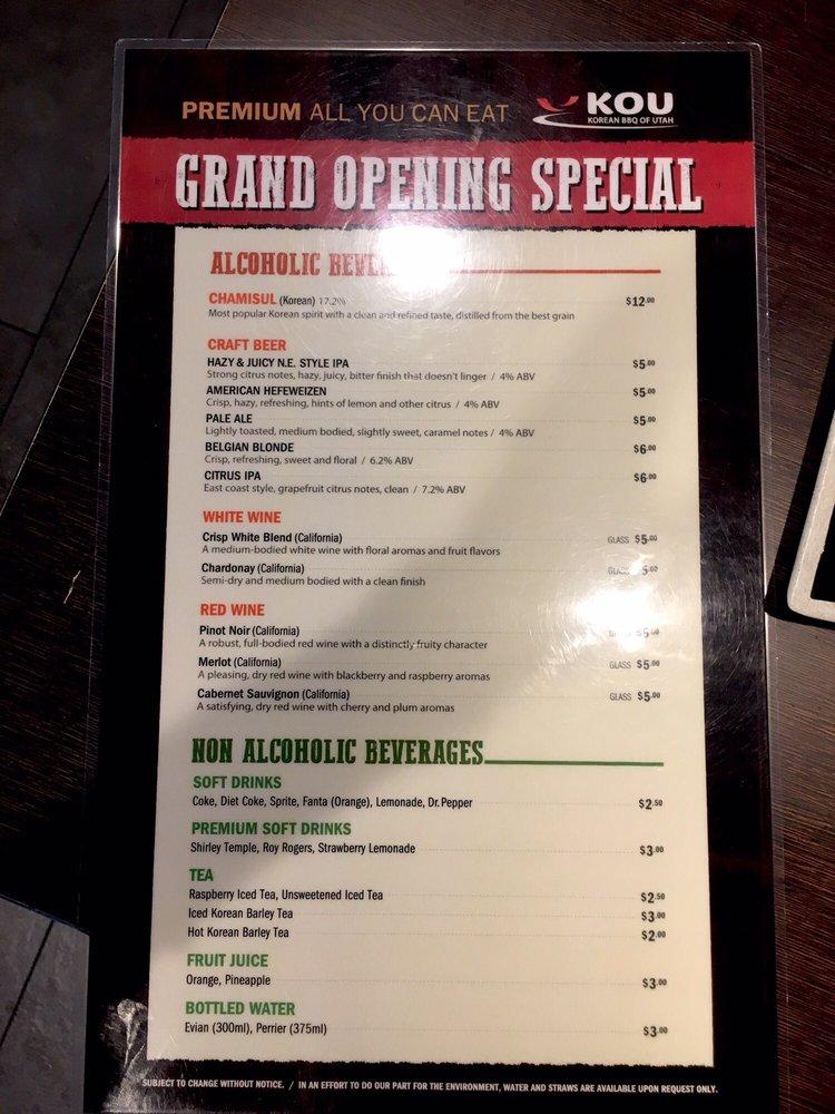 Menu at KOU-Korean BBQ of Utah, Midvale