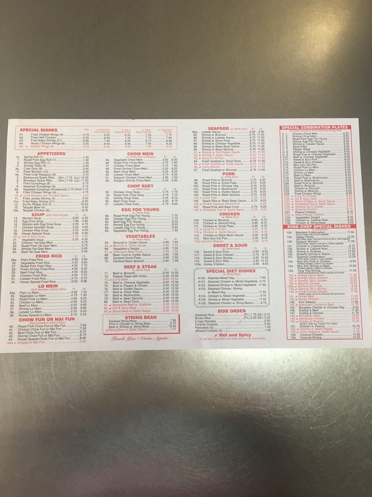 Menu at King's Chef restaurant, Belmar
