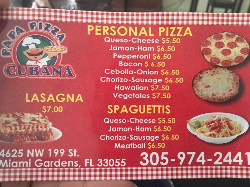 Menu at Papa Pizza Cubana pizzeria, Miami Gardens