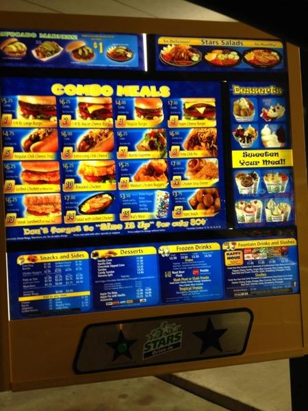 Menu at Stars Drive-in fast food, Brownsville, Central Blvd