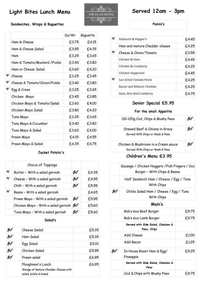 Menu at Brasserie at the Elan restaurant, Rhayader