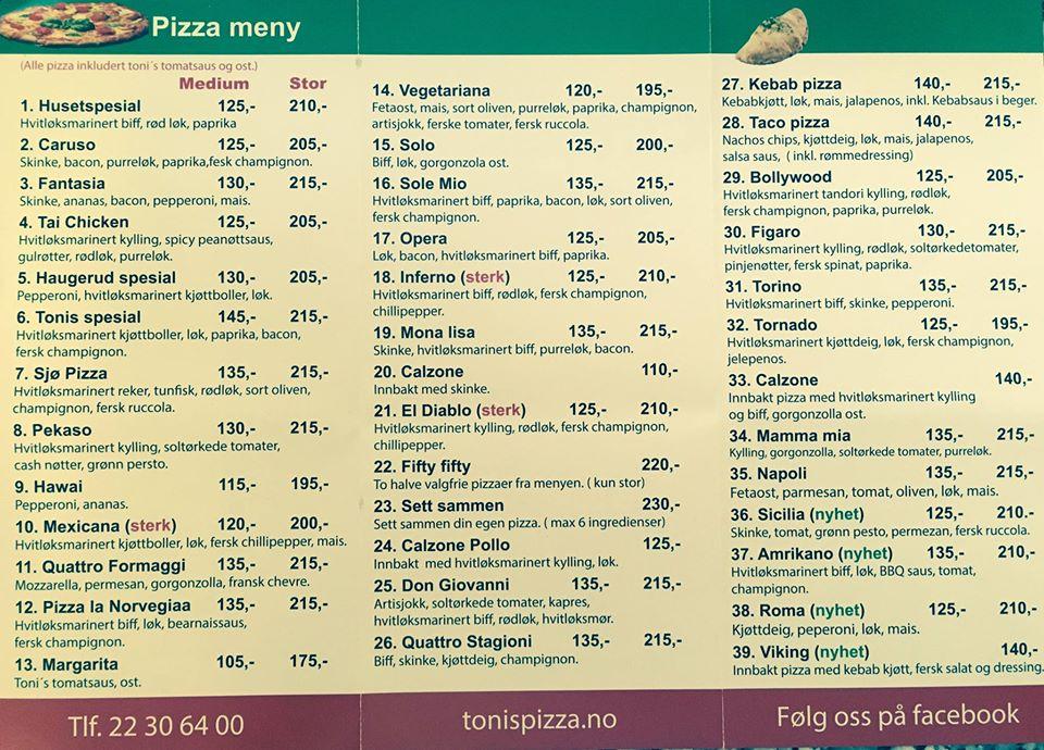 Menu at Toni's Pizza restaurant, Oslo, Haugerudsentret 1