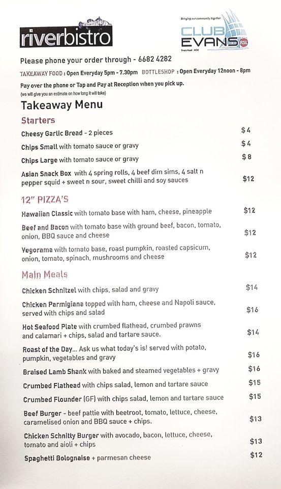 Menu at Club Evans RSL, Evans Head