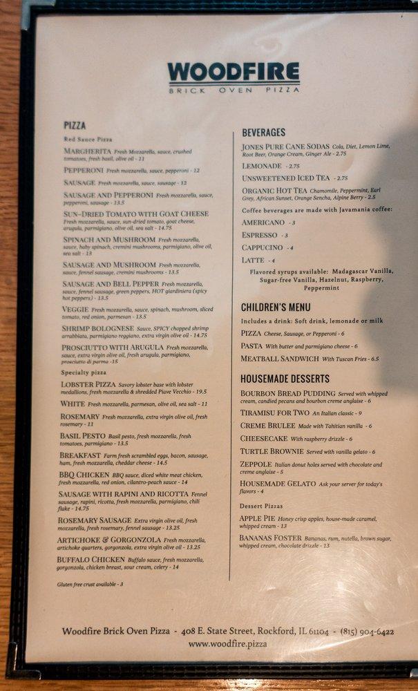 Menu at Woodfire Rockford pizzeria, Rockford