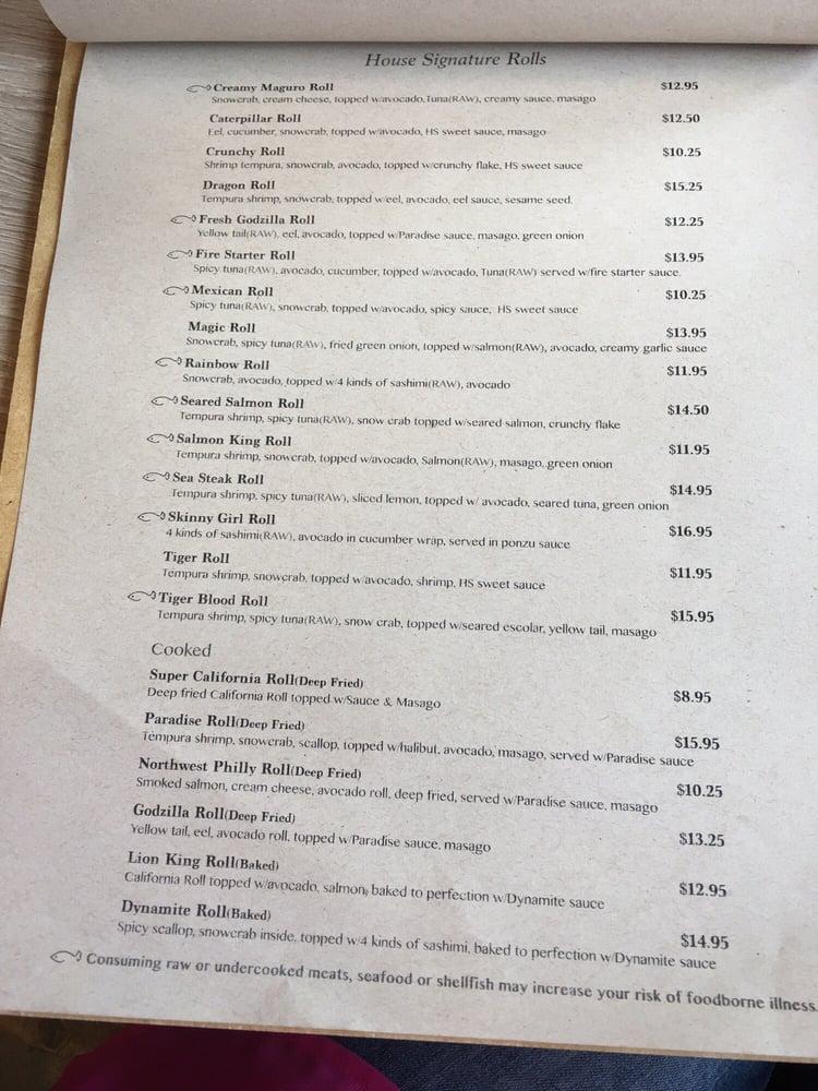 Menu at Aki Sushi restaurant, Kennewick