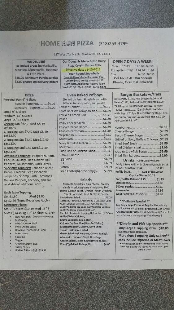 Menu at Home Run Pizza pizzeria, Marksville