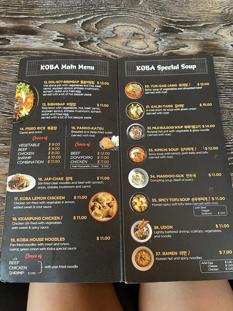 Menu at KOBA Korean Stone BBQ, Saint Robert