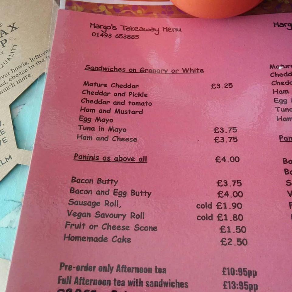 Menu at Margo's Lounge restaurant, Gorleston-on-Sea