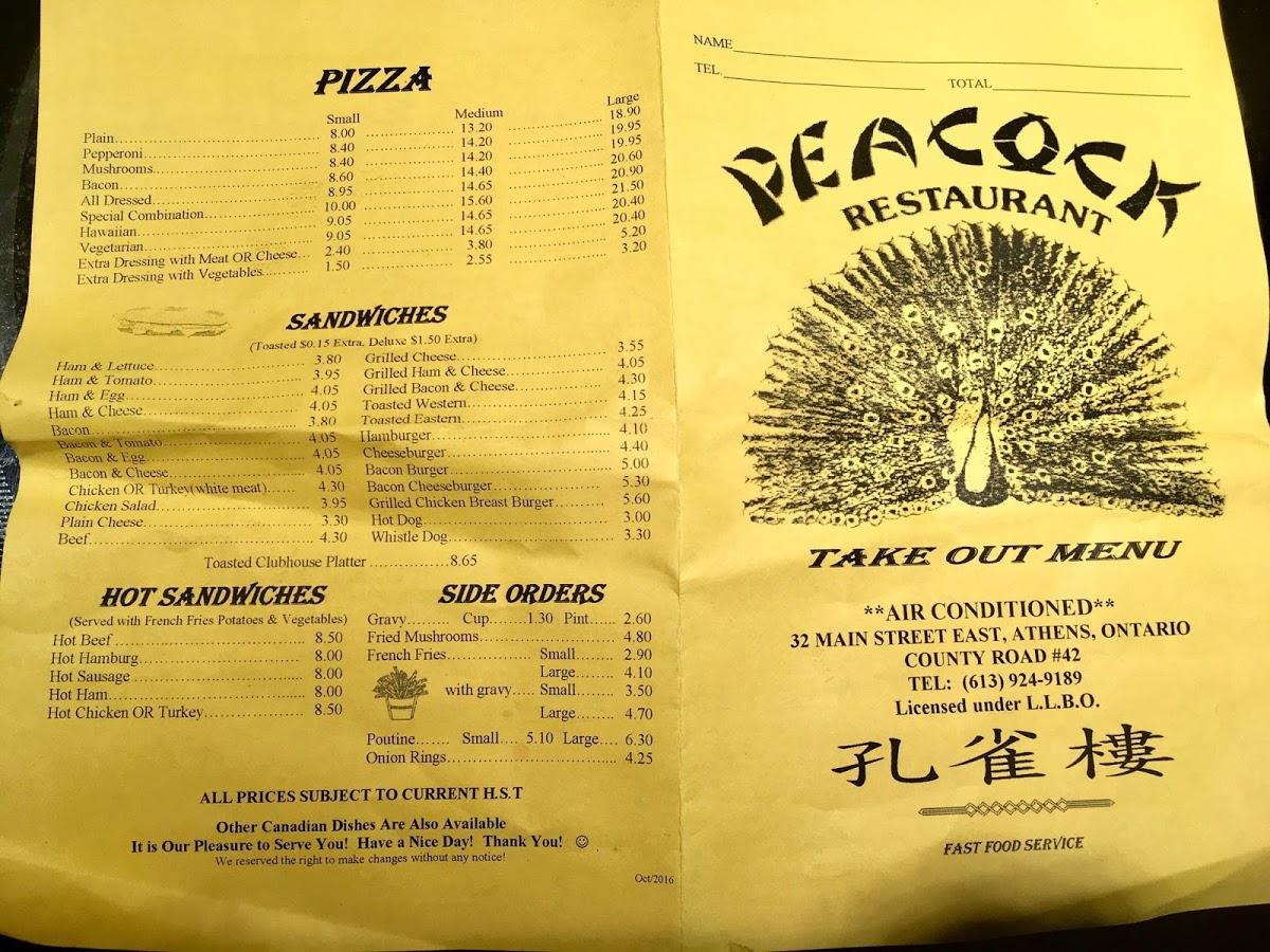 Menu at Peacock Restaurant, Athens
