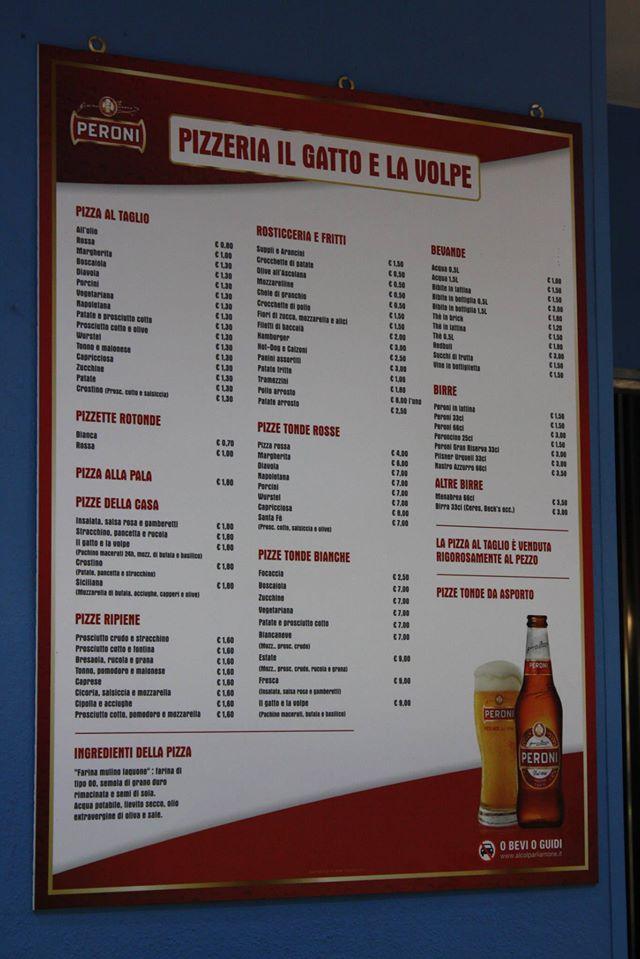 Menu at Pizzeria Il Gatto e la Volpe, Pescia Romana