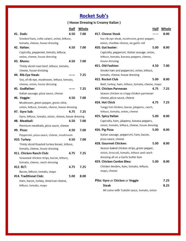 Menu at Rocket Pizza & Subs pizzeria, Muskegon