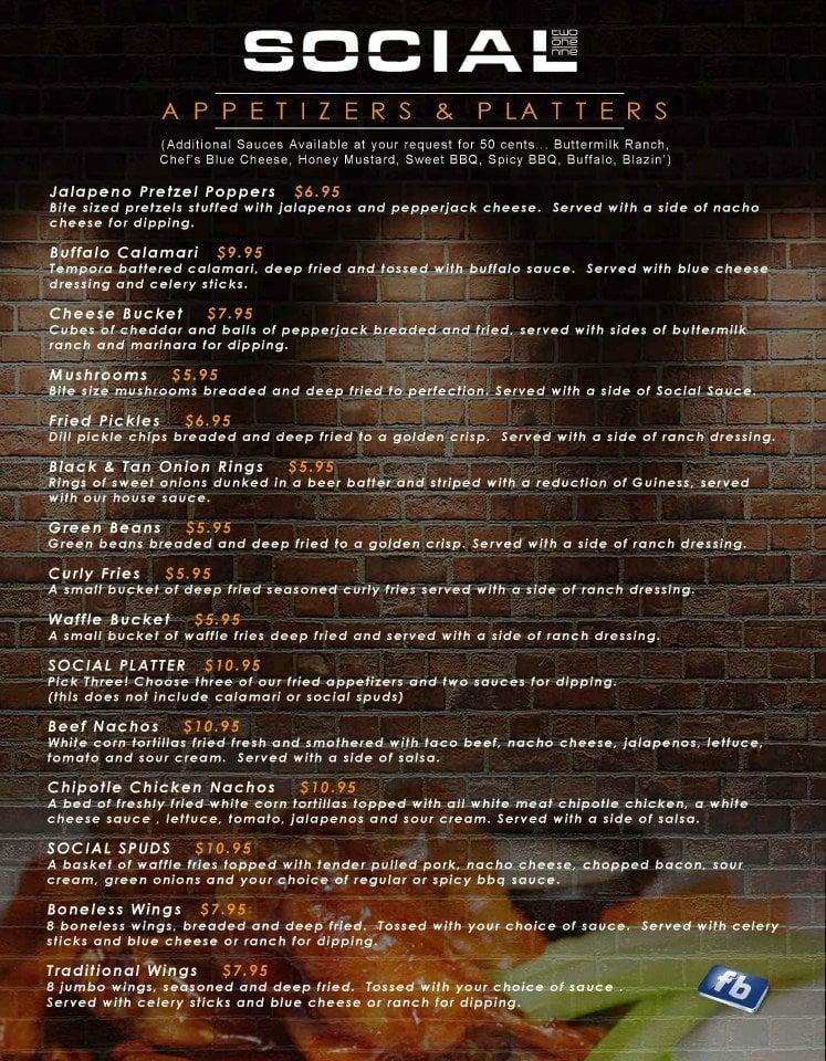Menu at Social 219 pub & bar, Schererville