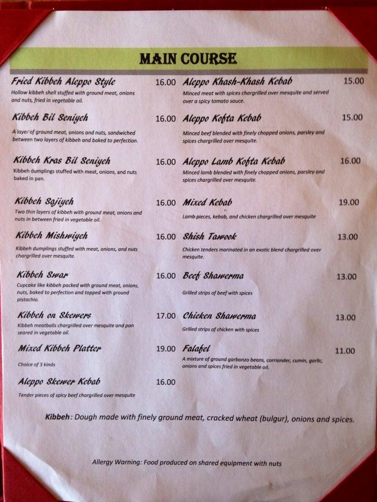 Menu at Aleppo's Kitchen restaurant, Anaheim