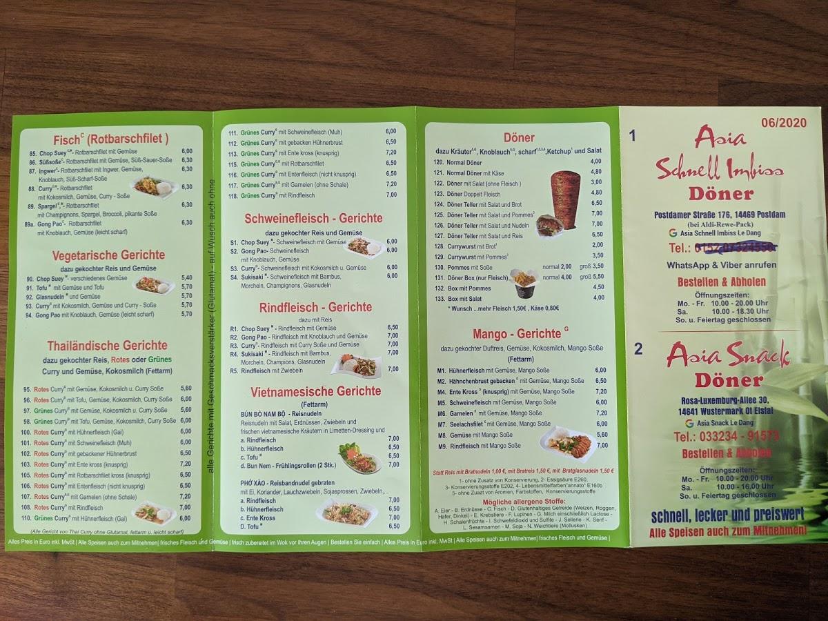 Carta del restaurante Asia Snack Le Dang, Wustermark