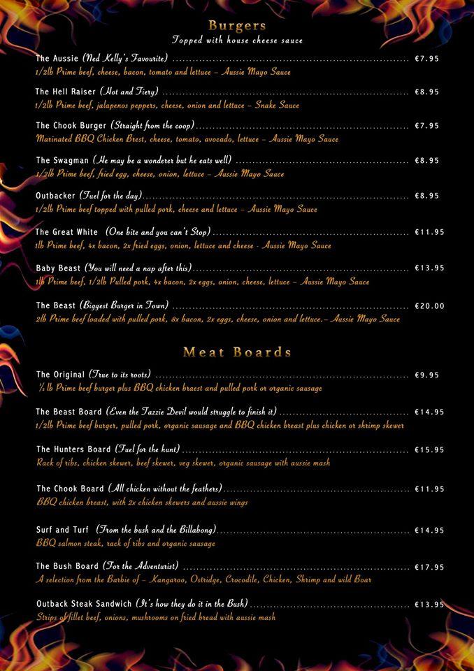 Menu at Aussie Steakhouse, Dublin, 186 Whitehall Road West
