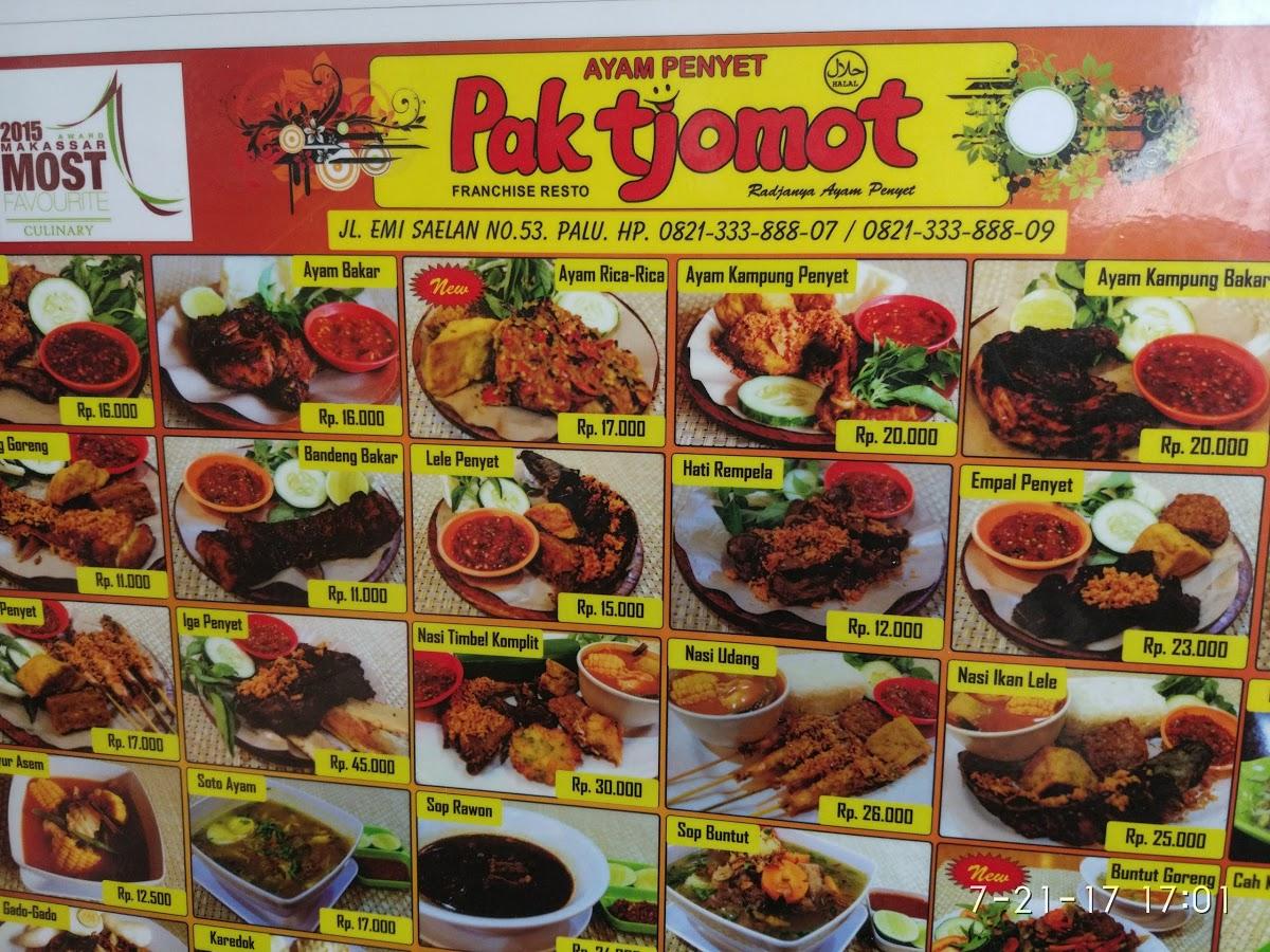 Menu at Ayam Penyet Pak Tjomot restaurant, Palu