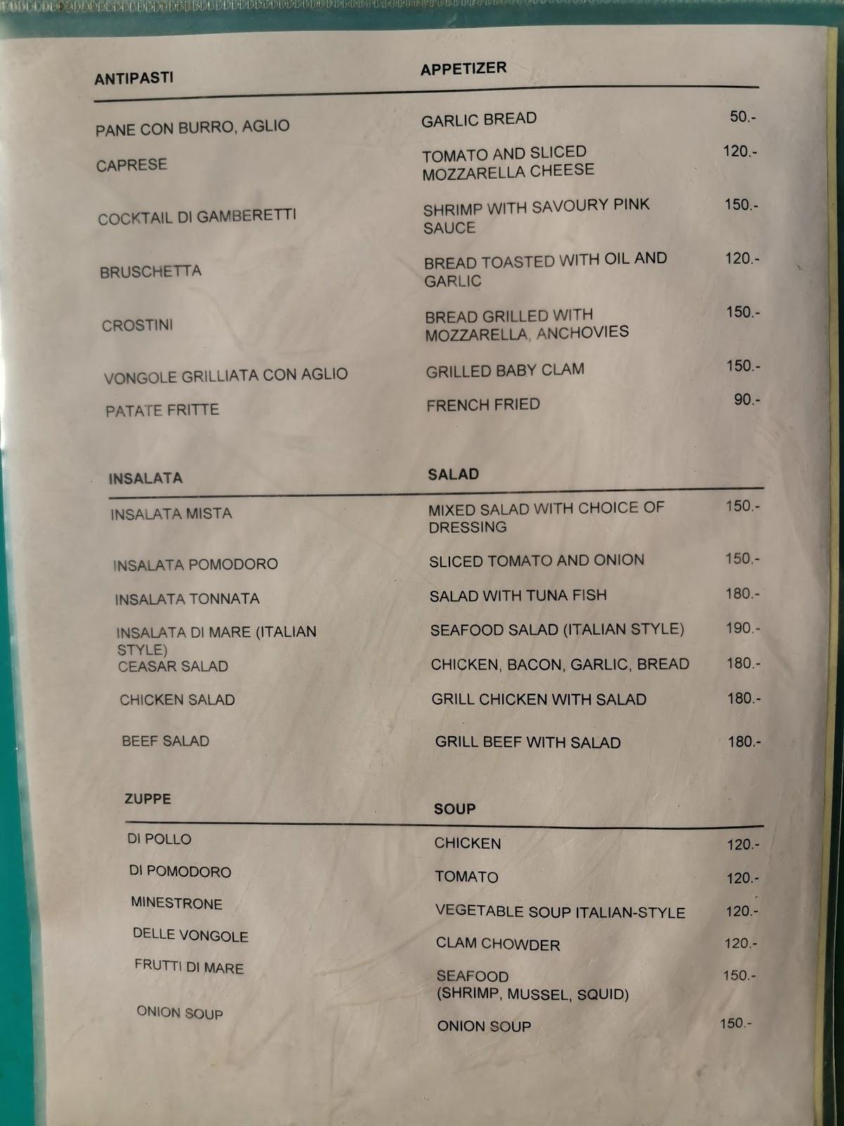 Menu at Bai Toey restaurant, Karon
